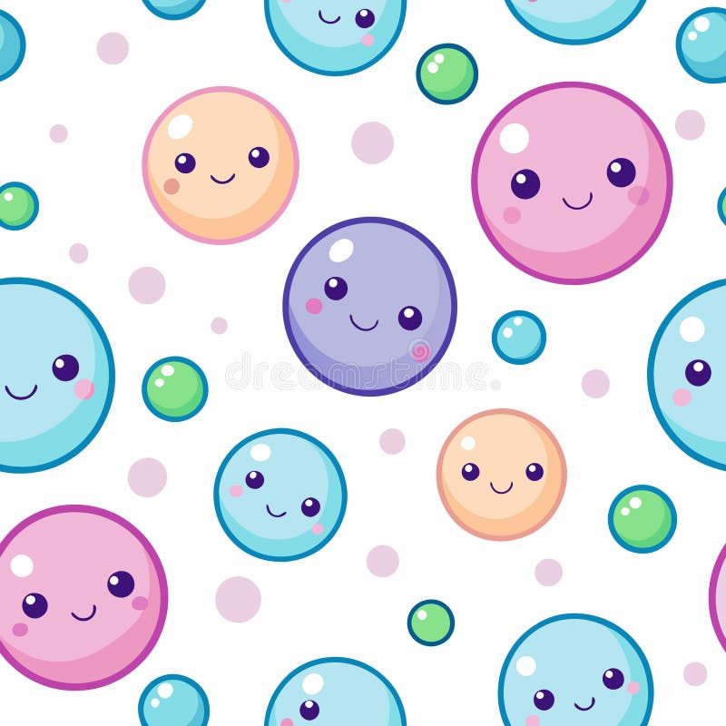 Seamless Pattern of Cute Colorful Cartoon Bubbles with Smiling Faces on ...