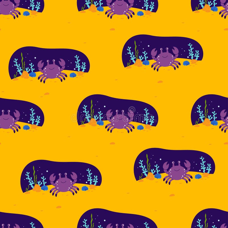 Seamless Pattern. Cute Crab and Sea Algae, Sandy Seabed on Yellow ...