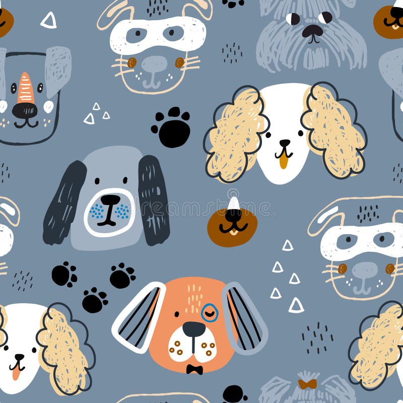 Seamless Pattern with Cute Creative Dogs Faces. Funny Puppy Childish ...