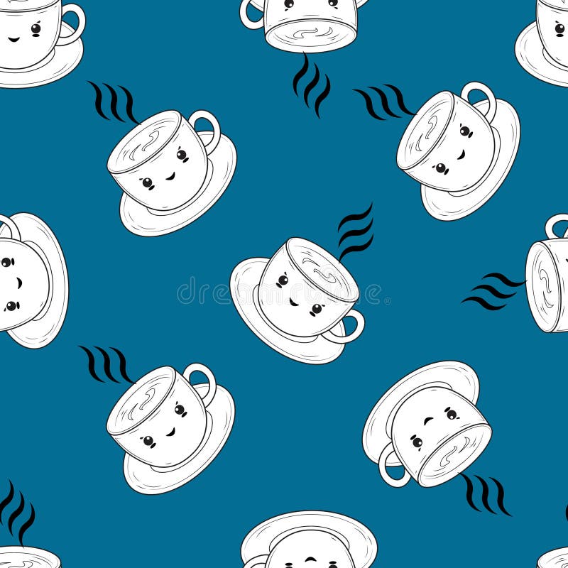 Seamless Pattern with Cute Cups on a Blue Background. Tea or Coffee ...