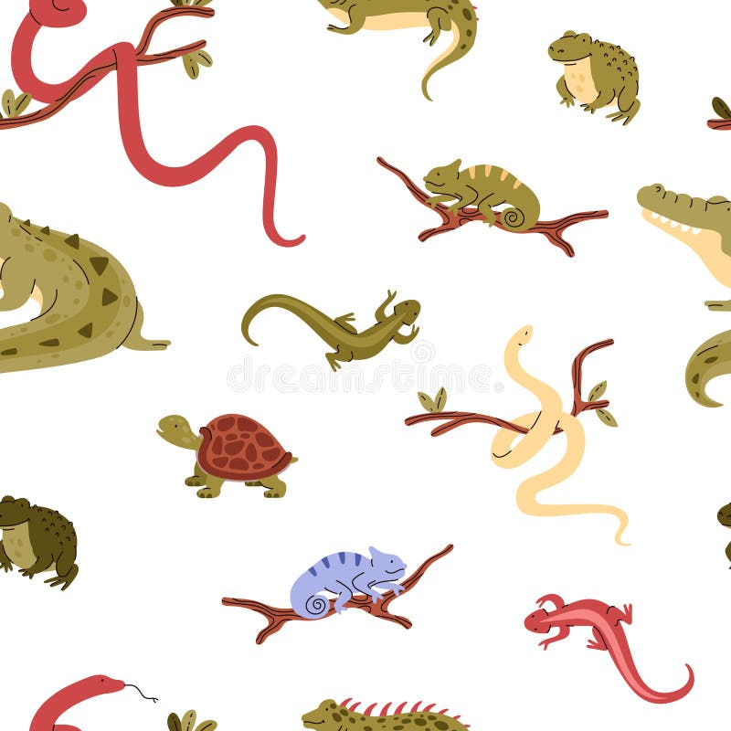 Seamless Pattern with Cute Different Reptiles Flat Style, Vector ...