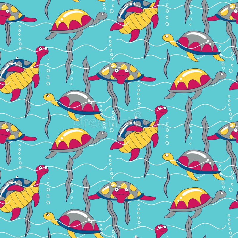 Seamless Pattern with Cute Different Turtles Stock Illustration ...