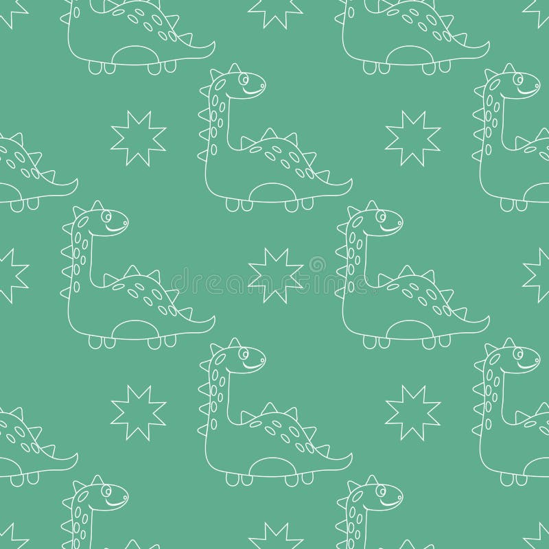 Seamless Pattern with Cute Dinosaurs on Green Background. Vector ...