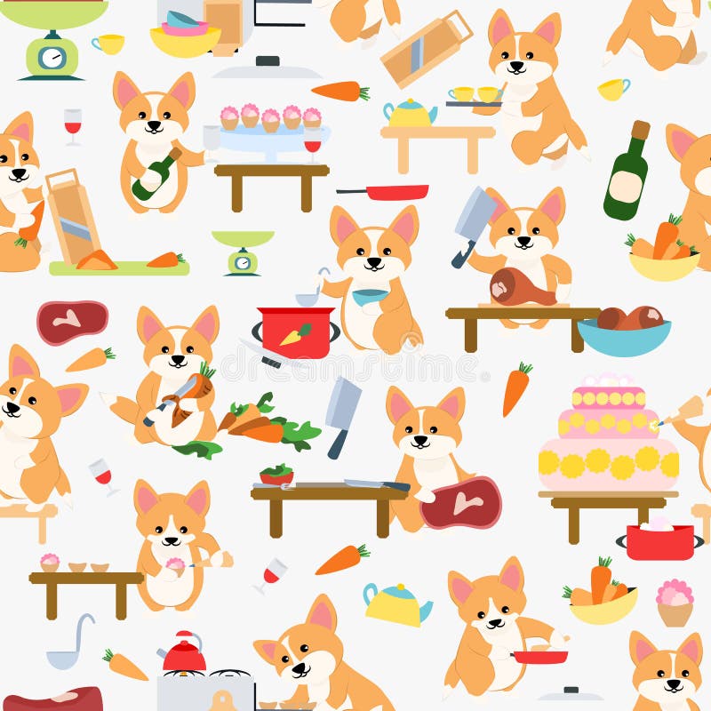 Seamless Pattern. Cute Dog Corgi Cooks are Cooking in the Kitchen ...