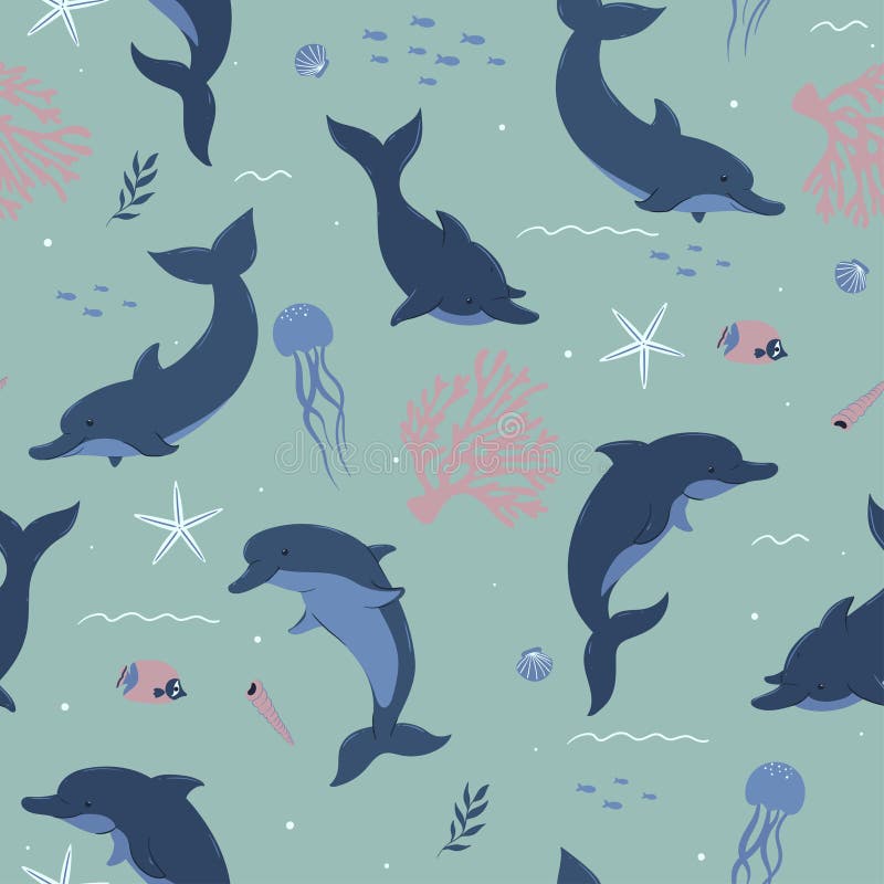 Seamless Pattern with Cute Dolphins and Marine Life. Vector Graphics ...