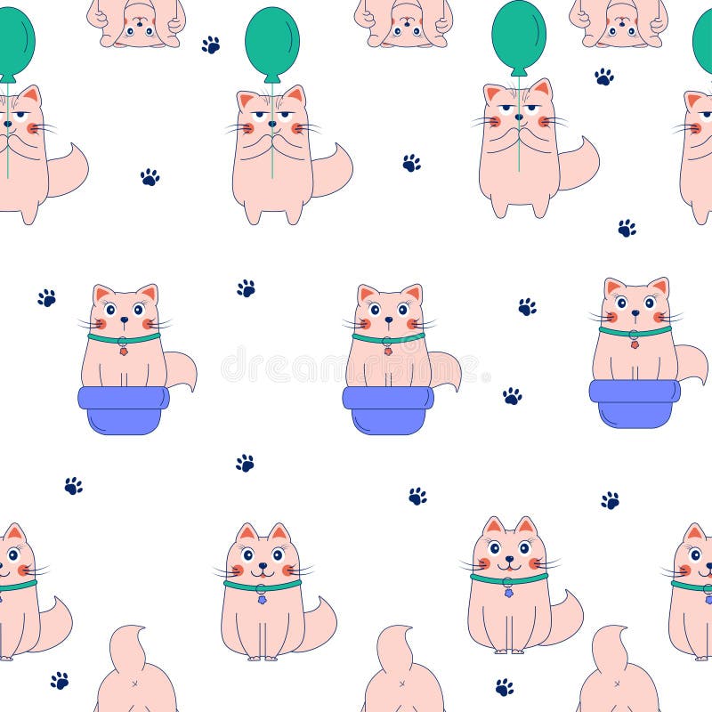 Seamless Pattern with Cute Doodle Cats Characters Stock Vector ...