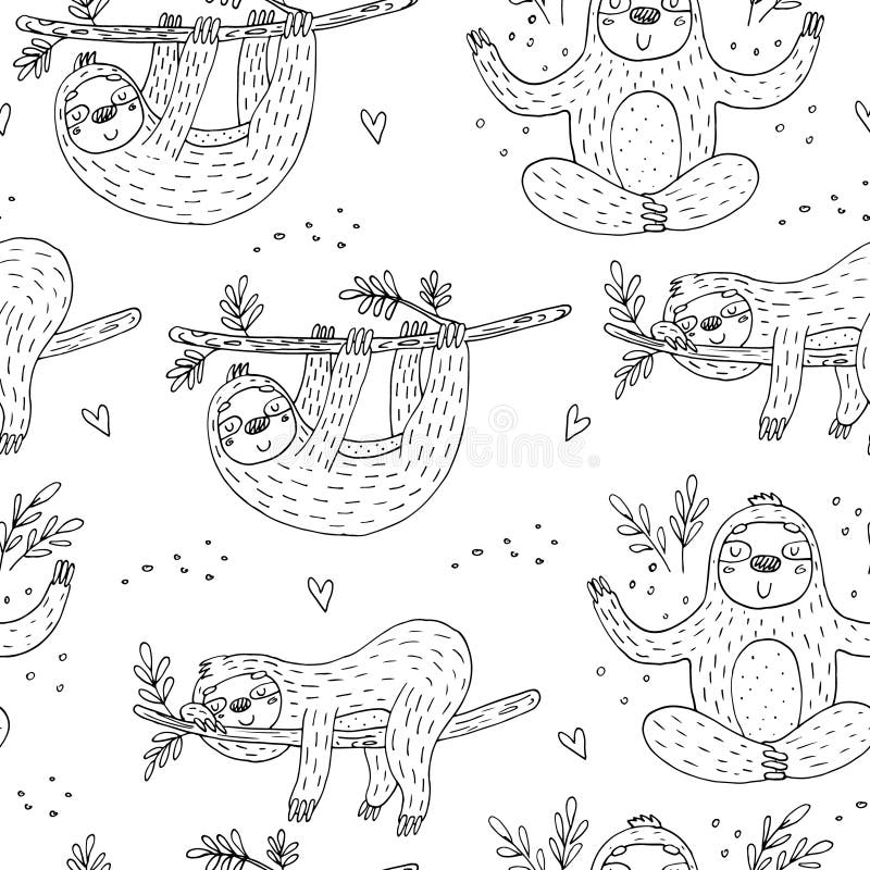 Seamless Pattern with Cute Doodle Sloth Print Stock Vector ...