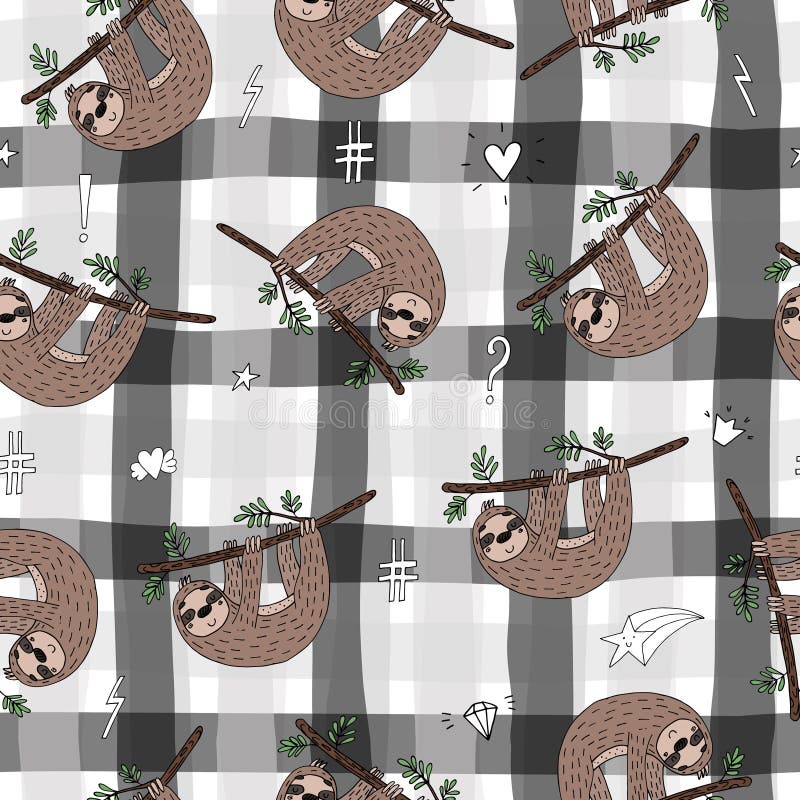 Seamless Pattern with Cute Doodle Sloth Print. Creative Kids Hand Drawn ...