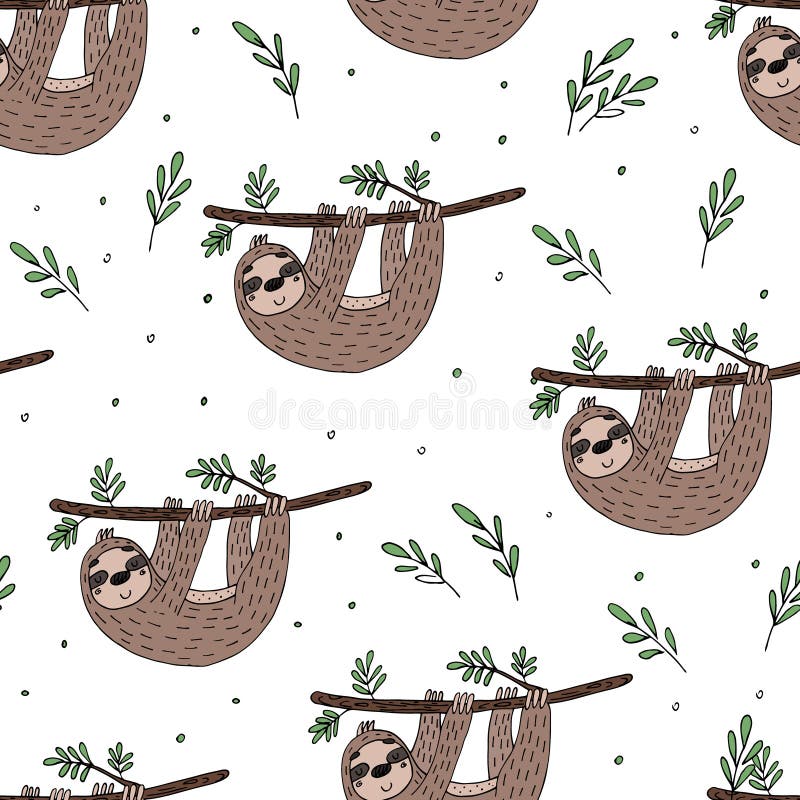 Seamless Pattern with Cute Doodle Sloth Print Stock Vector ...