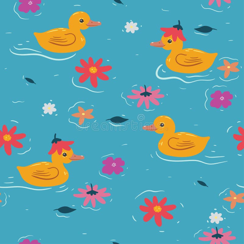 Seamless Pattern with Cute Ducklings and Flowers. Vector Graphics Stock ...