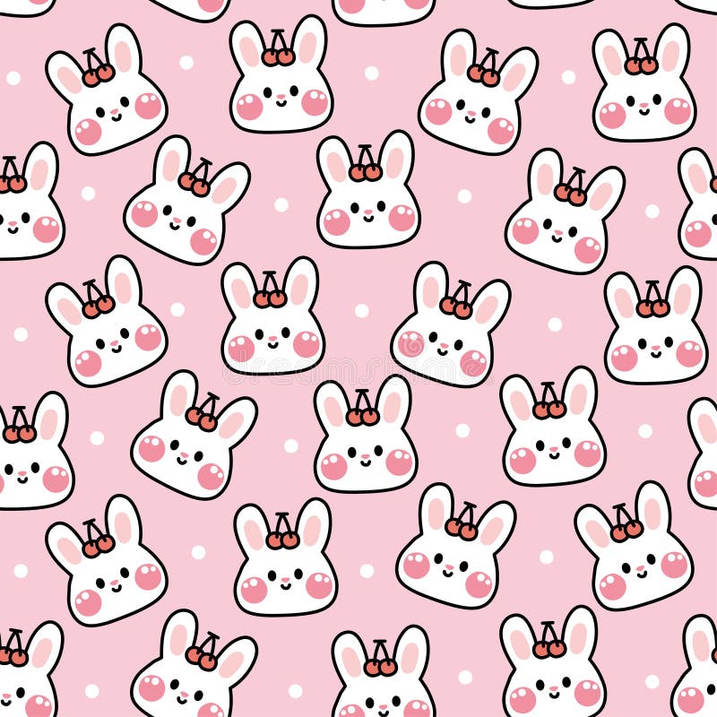 Seamless Pattern of Cute Face Rabbit with Cherry on Pink Background ...