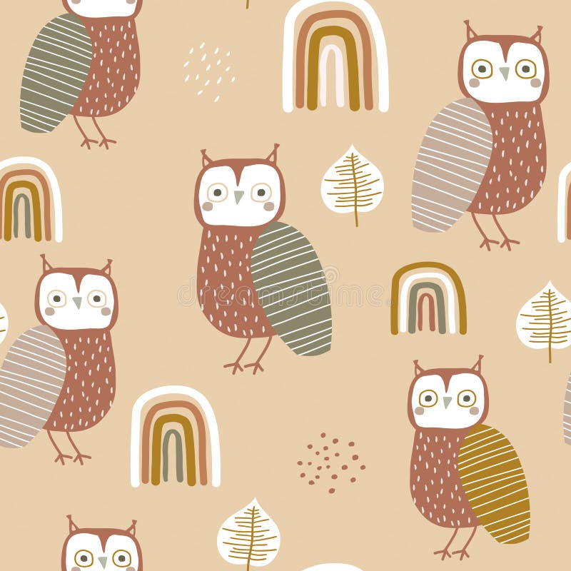 Seamless Pattern with Cute Fall Owls and Leaves. Creative Bird Autumn ...