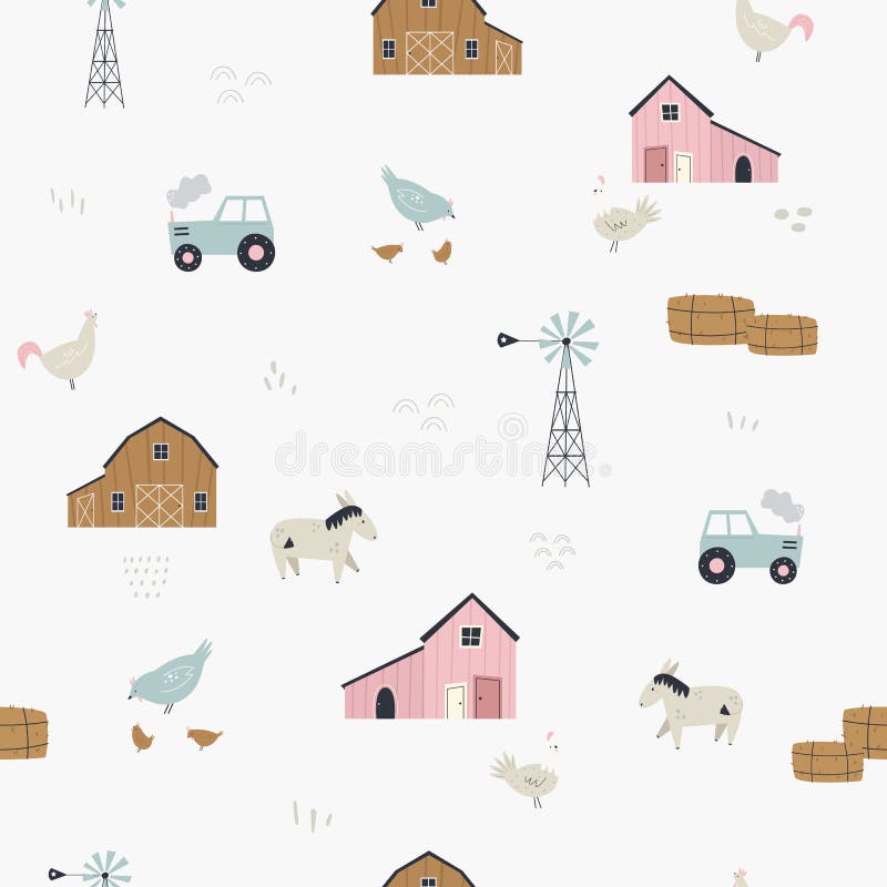 Seamless Pattern with Cute Farm Scenery - Barn, Funny Animals, Trees ...