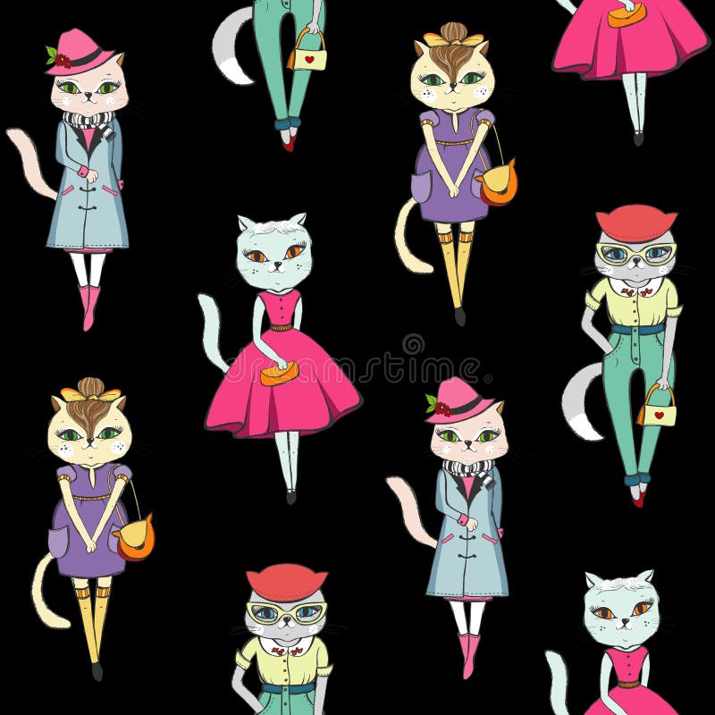 Seamless Pattern of Cute Fashion Cats , Vector Illustrations Stock ...