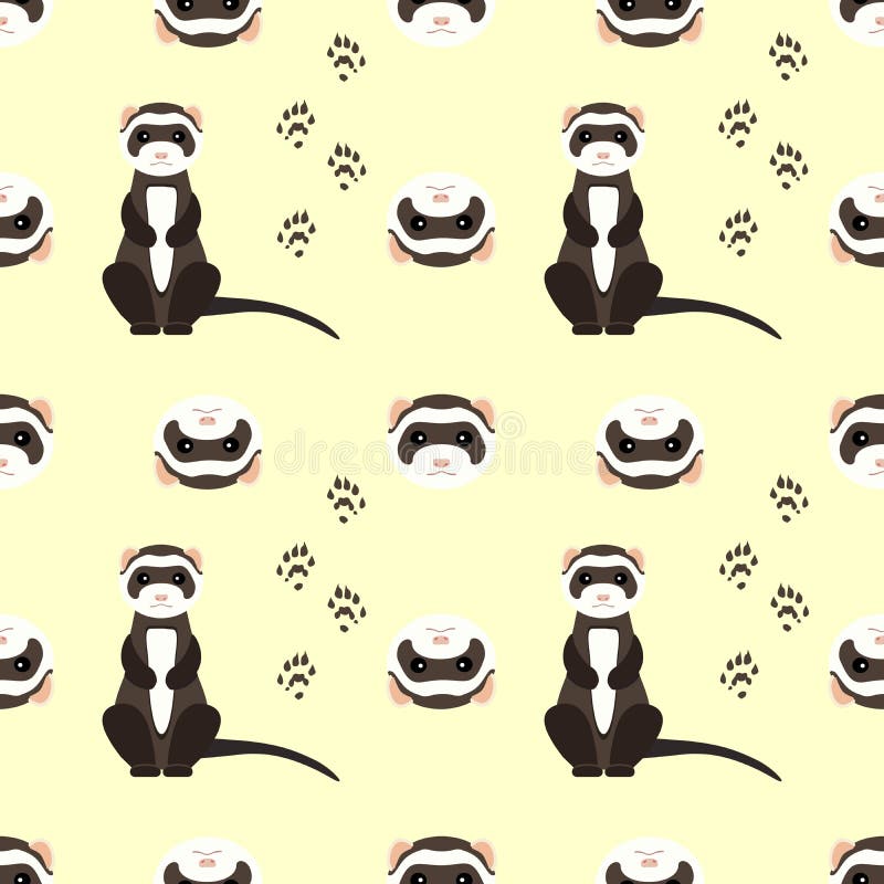 Seamless Pattern with Cute Ferret with Footprints. Vector Flat Design ...