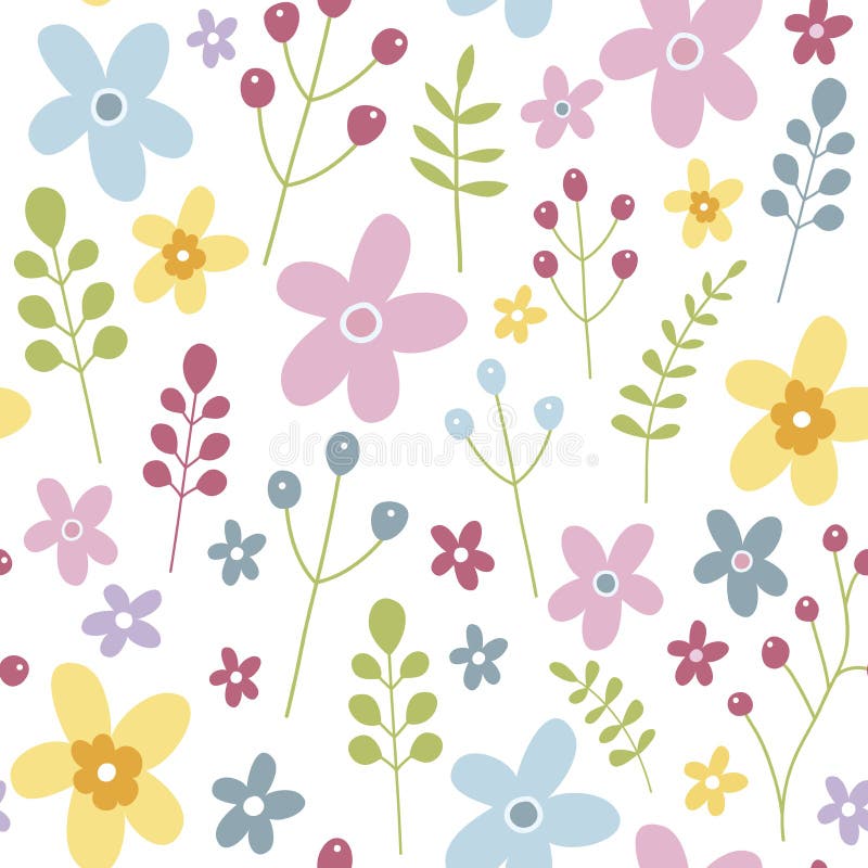 Seamless Pattern with Cute Flowers and Plants. Floral Texture on White ...