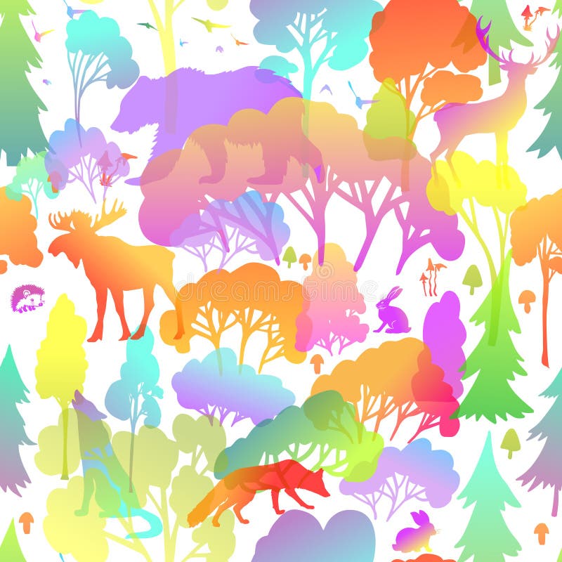 Seamless Pattern with Cute Forest Animals. Colored Trees and Beasts ...