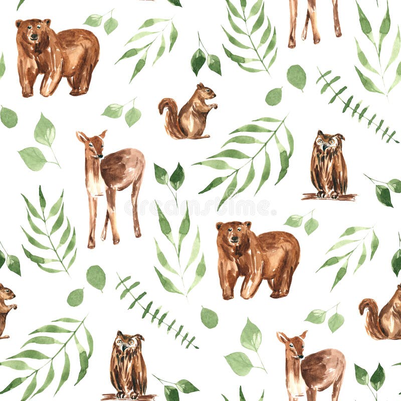 Seamless Pattern with Cute Forest Animals and Greenery on White Stock ...