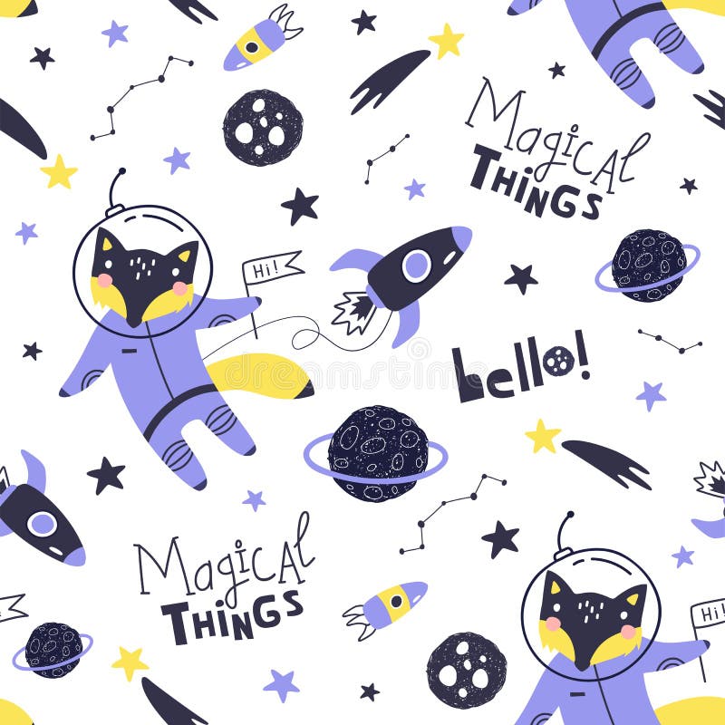 Seamless Pattern with Cute Fox Astronaut, Planets, Stars and Comets ...
