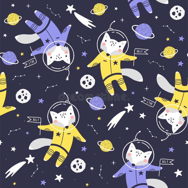 Seamless Pattern with Cute Fox Astronaut, Planets, Stars and Comets ...