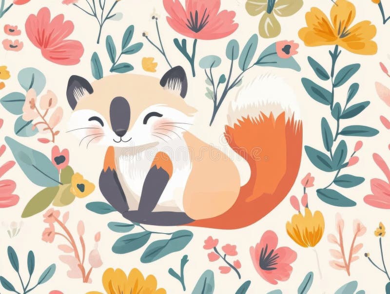 Seamless Pattern with Cute Fox and Flowers. Vector Illustration Stock ...