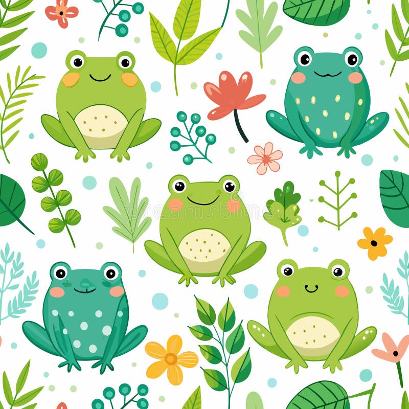 Seamless Pattern with Cute Frogs, Flowers and Leaves on White ...