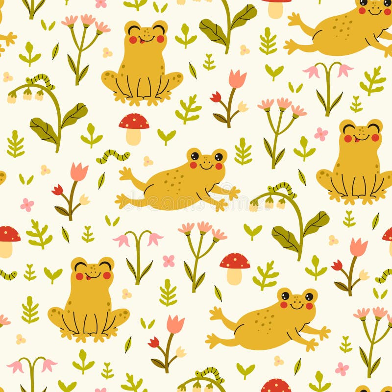 Seamless Pattern with Cute Frogs and Flowers. Vector Graphics Stock Illustration - Illustration ...