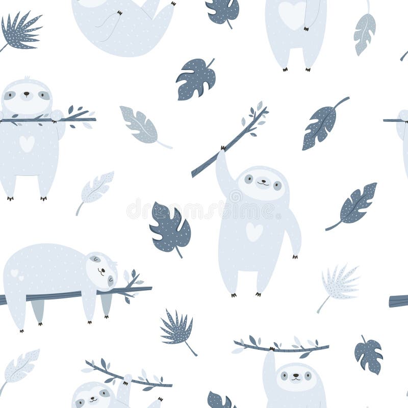 Seamless Pattern with Cute Funny Sloths Hanging on Branches in the ...