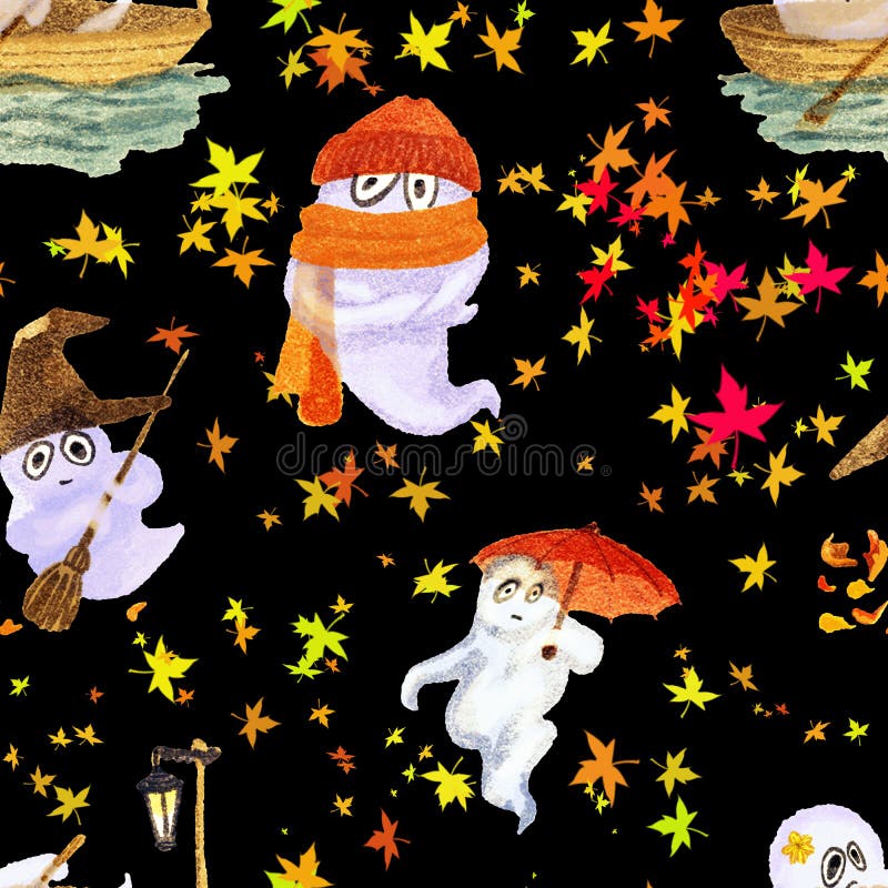 Seamless Pattern with Cute Ghosts and Fall Leaves on Black Background ...