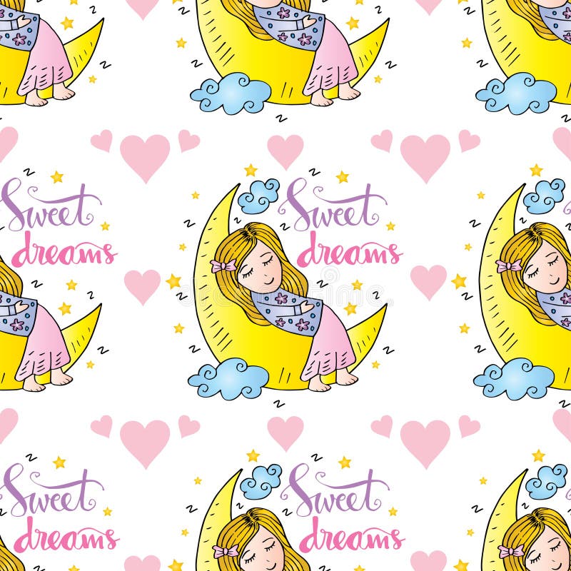 Seamless Pattern with Cute Girl Sleeping on the Moon. Stock Vector ...
