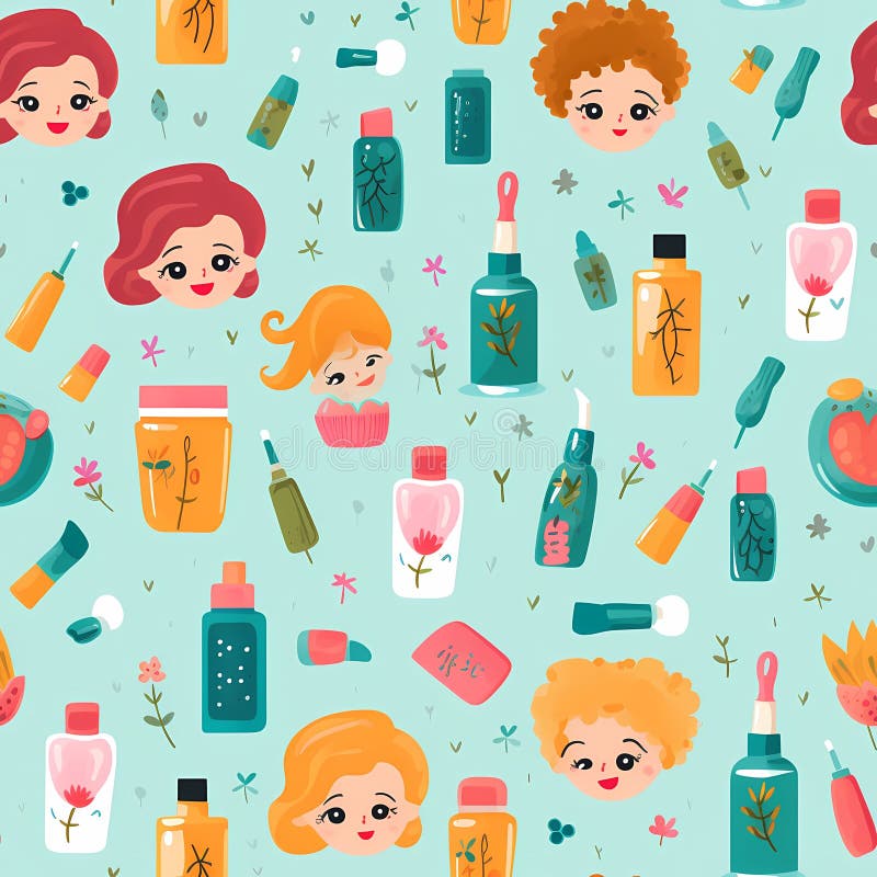 Seamless Pattern with Cute Girls and Cosmetics Stock Illustration ...