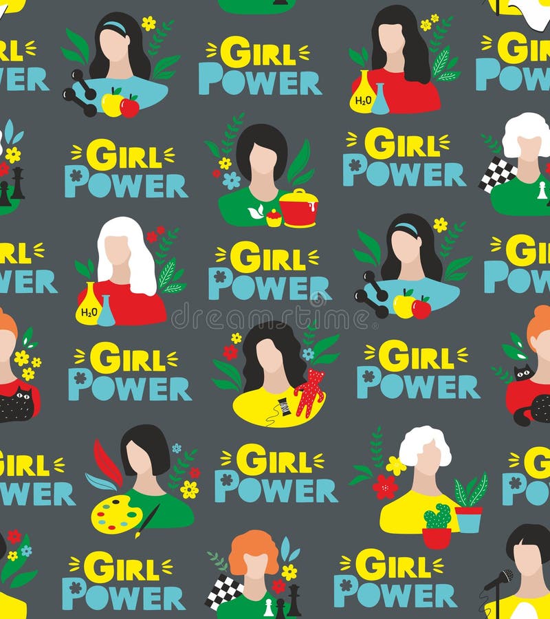 Seamless Pattern with Cute Girls and Their Hobby. Stock Vector ...