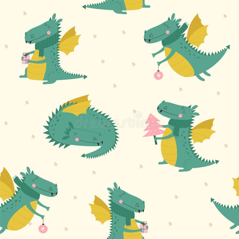 Seamless Pattern with Cute Green Dragon. Christmas Pattern. Vector ...