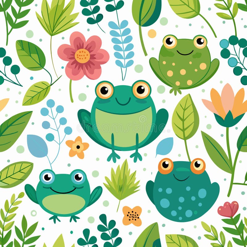 Seamless Pattern of Cute Green Frogs with Flowers and Leaves on a White ...