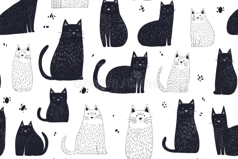Seamless Pattern Cute Hand Drawn Black White Sitting Cats Stock Photos ...