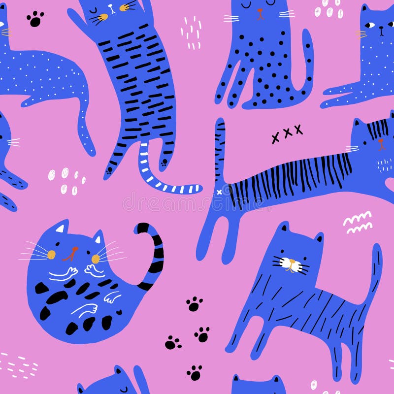 Seamless Pattern with Cute Hand Drawn Cats. Childish Texture with Bold ...