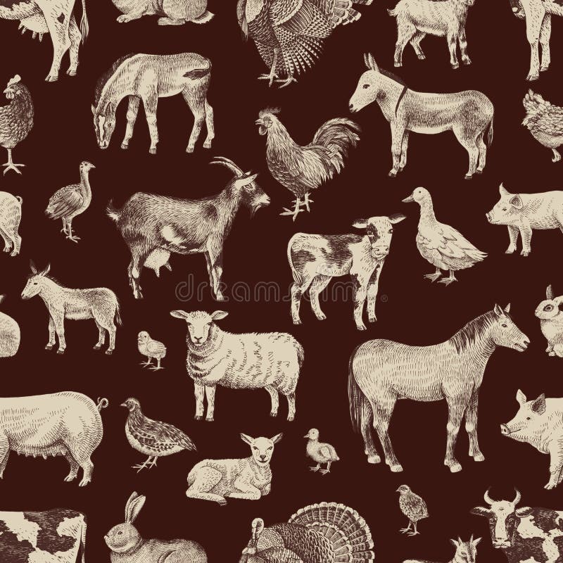 Seamless Pattern with Cute Hand Drawn Farm Animals Stock Vector ...