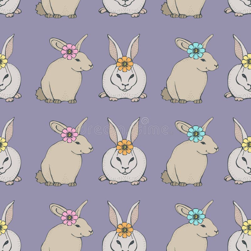 Seamless Pattern with Cute Hand Drawn Rabbits. Vector Template for ...