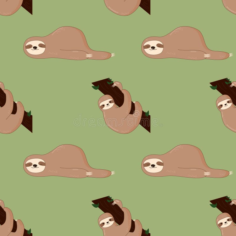 Seamless Pattern with Cute Jungle Sloths on Green Background Stock ...