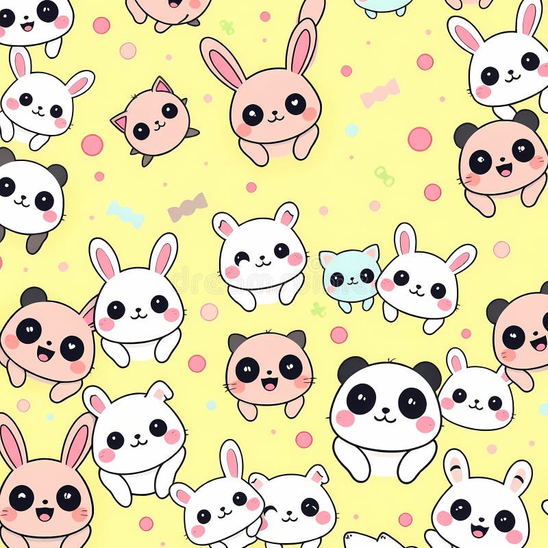 Panda and Rabbits Seamless Pattern with Cute Kawaii Characters. Vector ...