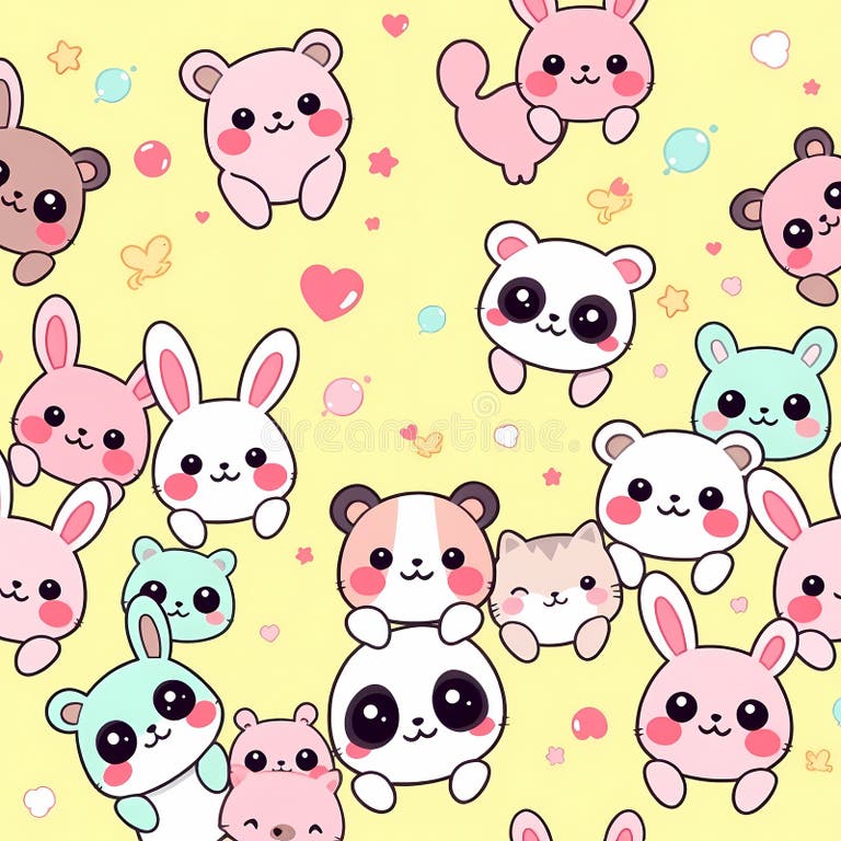 Panda and Rabbits Seamless Pattern with Cute Kawaii Characters. Vector ...