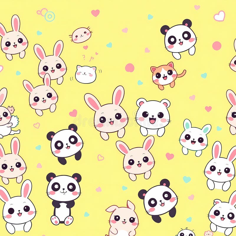 Panda and Rabbits Seamless Pattern with Cute Kawaii Characters. Vector ...