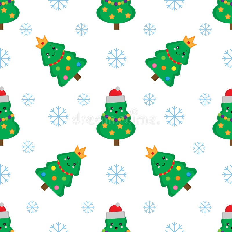 Seamless Pattern with Cute Kawaii Christmas Trees. Holiday Decoration ...