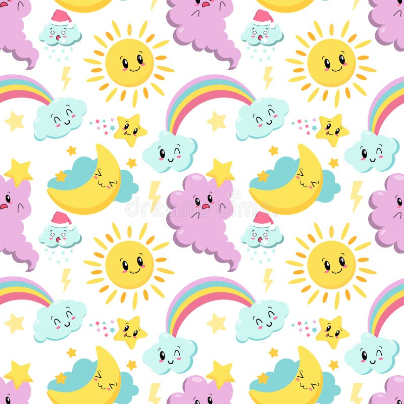 Seamless Pattern with Cute Kawaii ,cloud, Rainbow and Sun - Vector ...