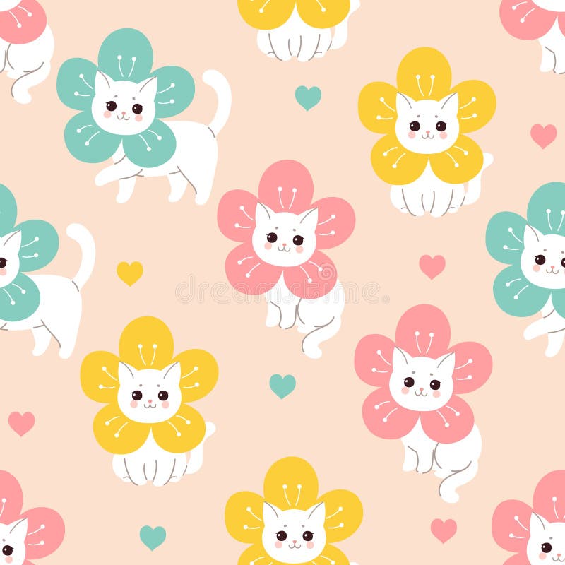 Seamless Pattern with Cute Kawaii Flower Cats. Vector Graphics Stock ...