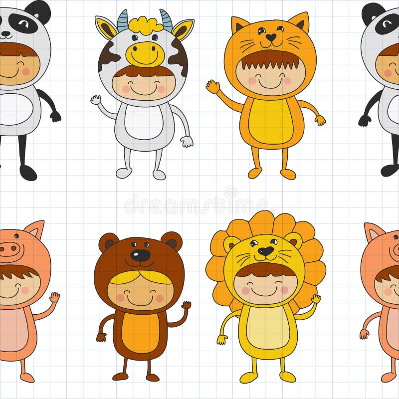 Seamless Pattern with Cute Kids Wearing Animal Costumes Stock Vector ...