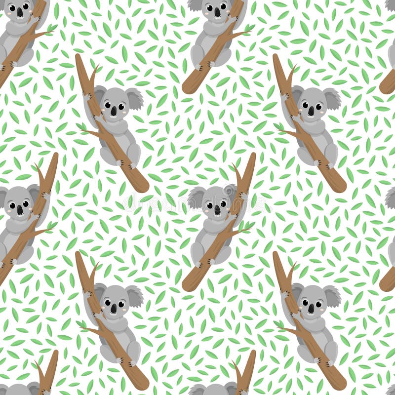 Seamless Pattern with Cute Koala Climbing a Tree and Green Leaves. Flat ...
