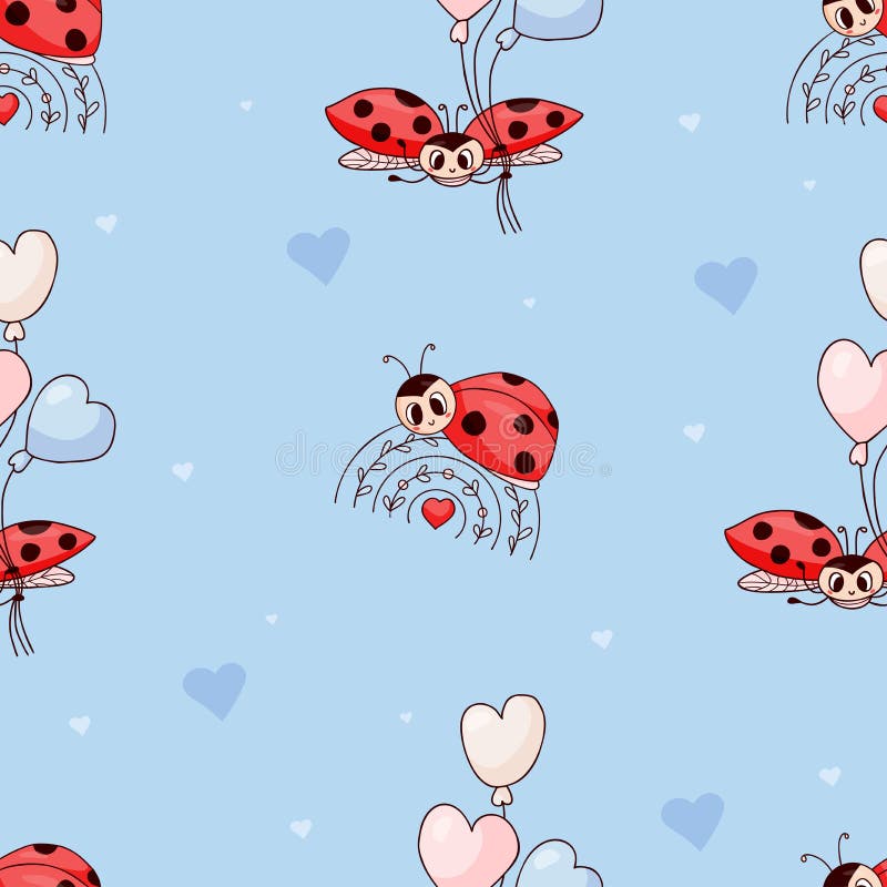 Seamless Pattern with Cute Ladybug on Rainbow and with Balloons on ...