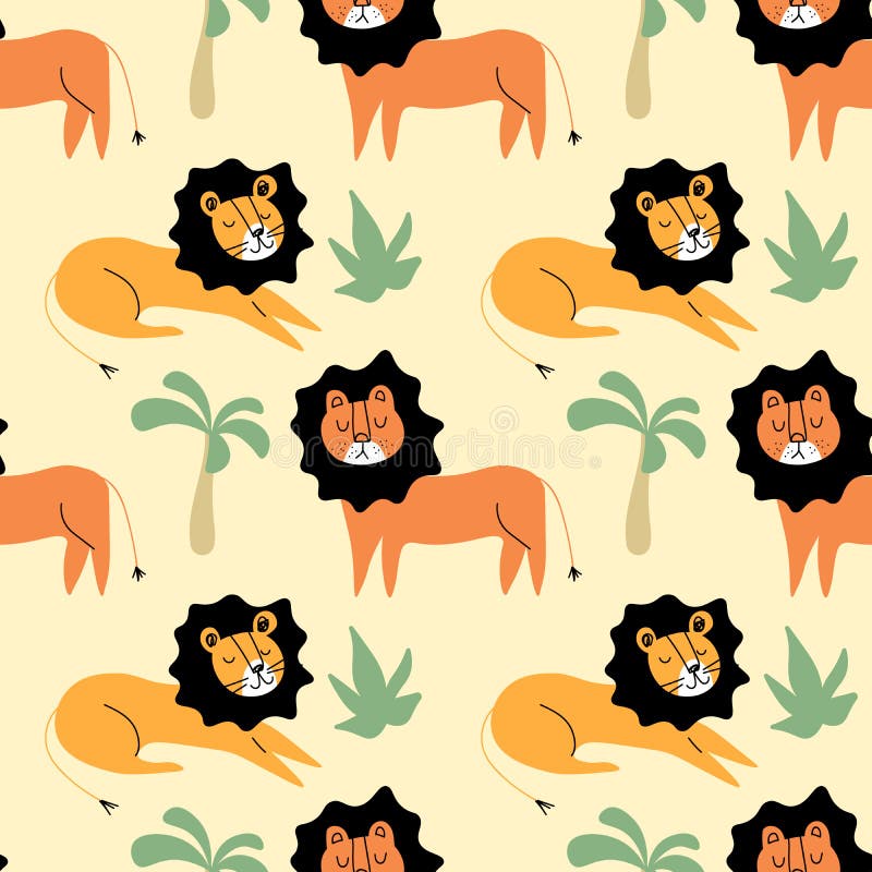Seamless Pattern with Cute Lion and Tropical Plants. Vector Texture in ...