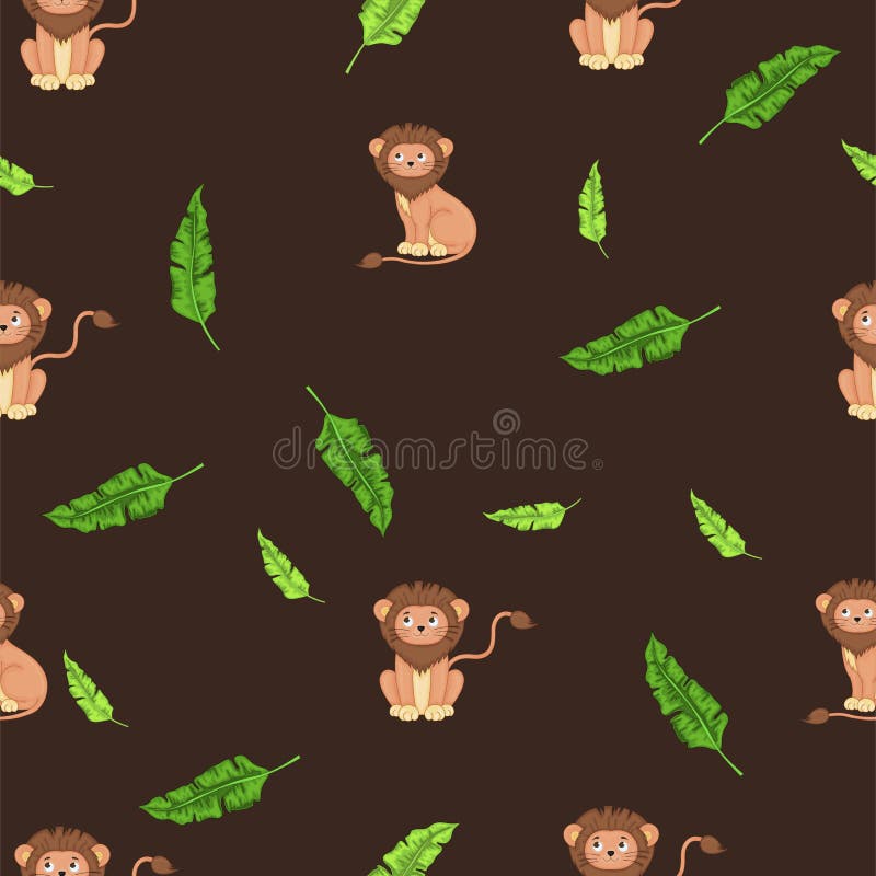 Seamless Pattern with Cute Lions on a Dark Background in Cartoon Style ...